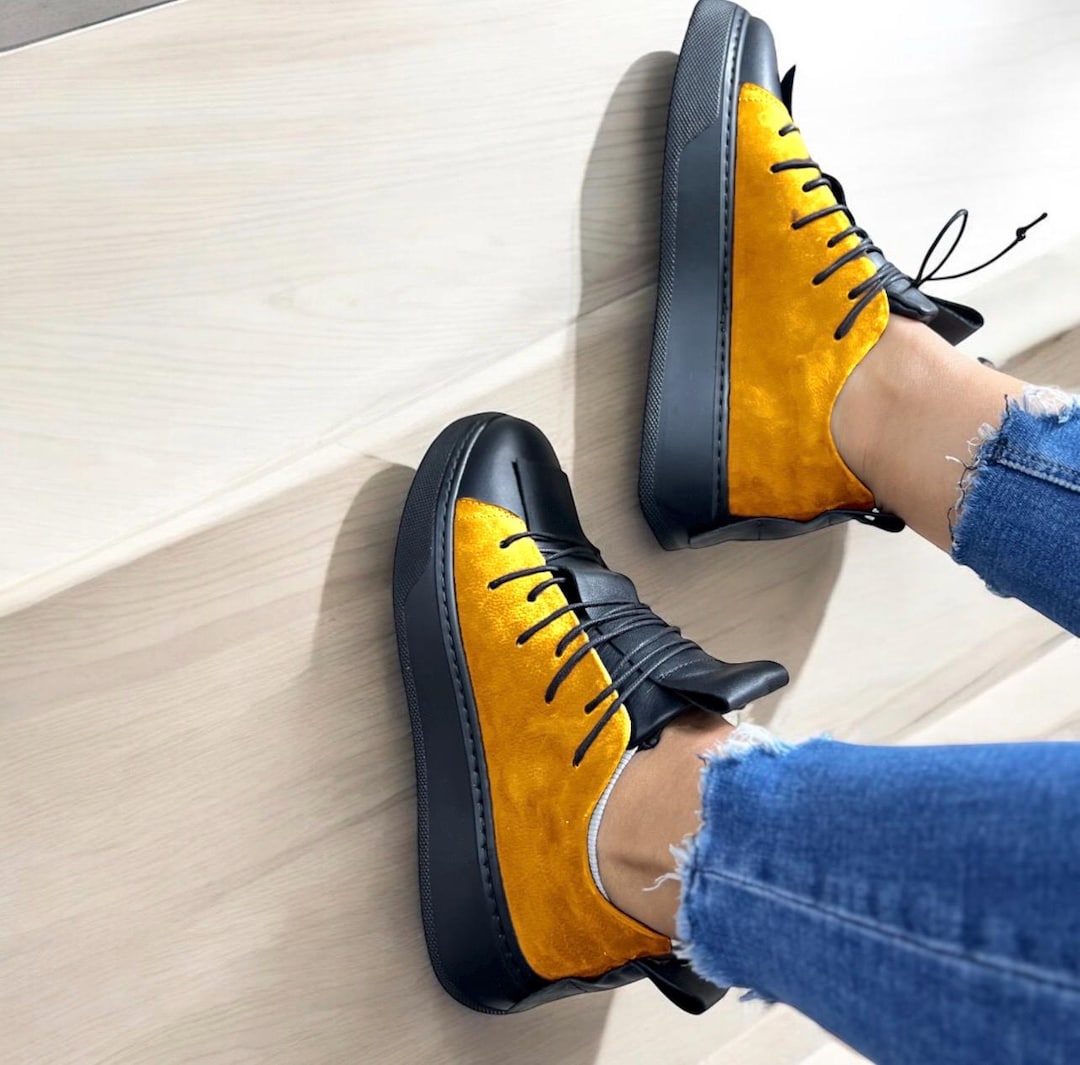 Yellow Leather Sneakers for Women,designer Sneakers,trendy Casual Women ...