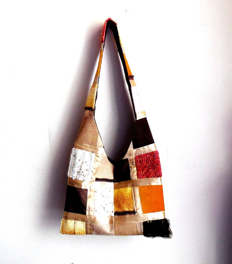 Patchwork Style Hand Made Purse...unique Shoulder Bag...brown Gold ...