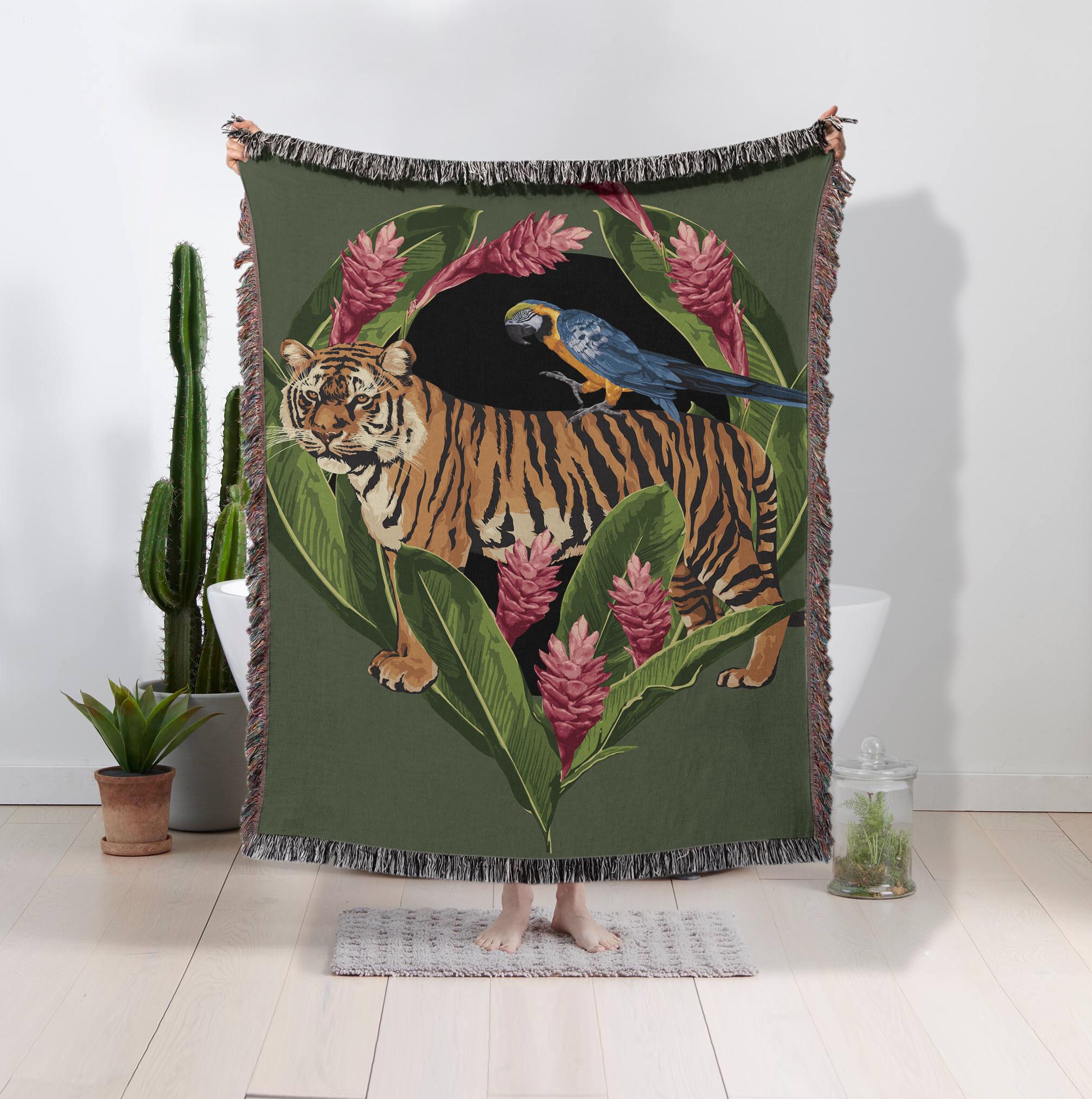 Tiger With Parrot Throw Blanket Floral Bed Design Woven Throw Jungle ...