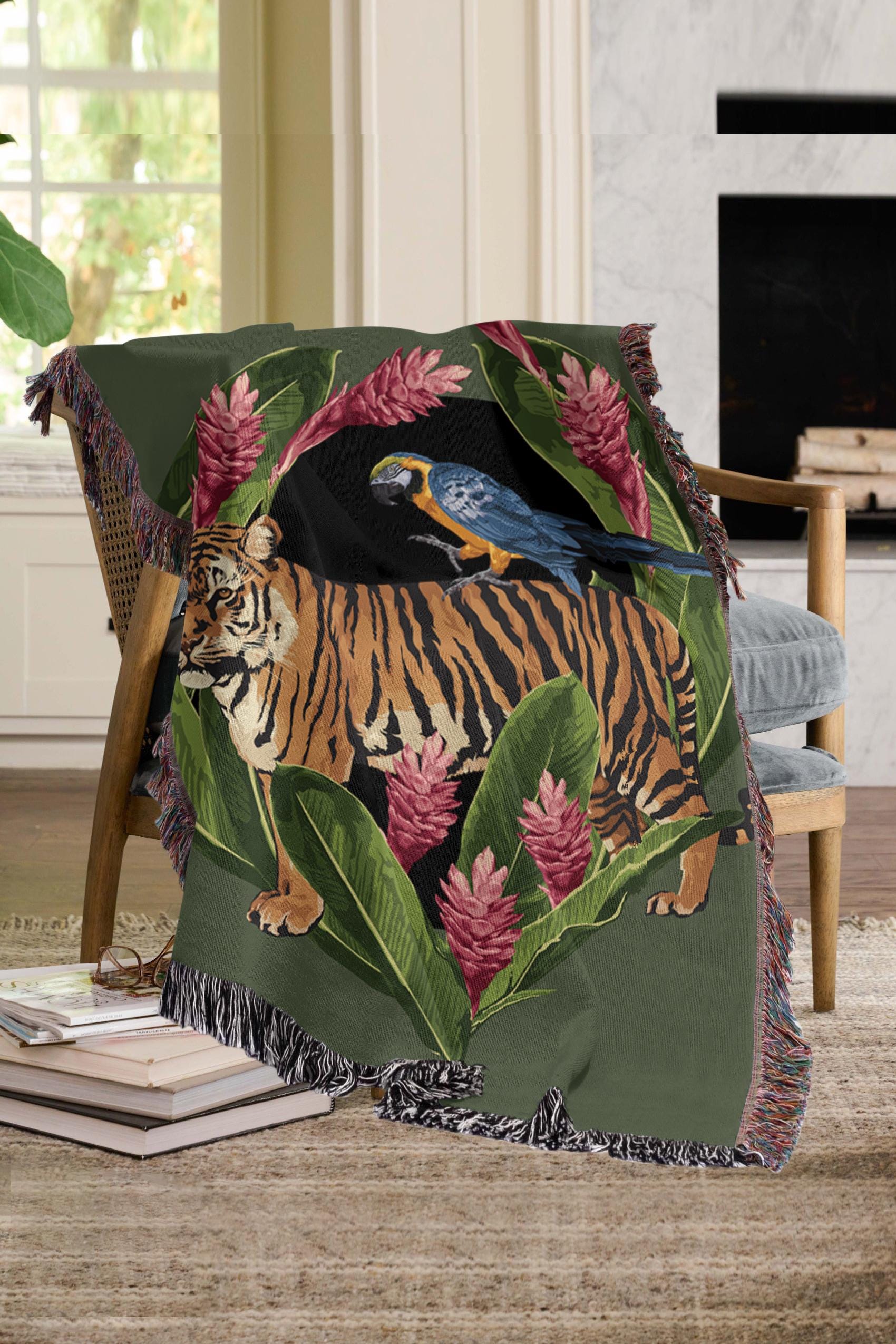 Tiger With Parrot Throw Blanket Floral Bed Design Woven Throw Jungle ...
