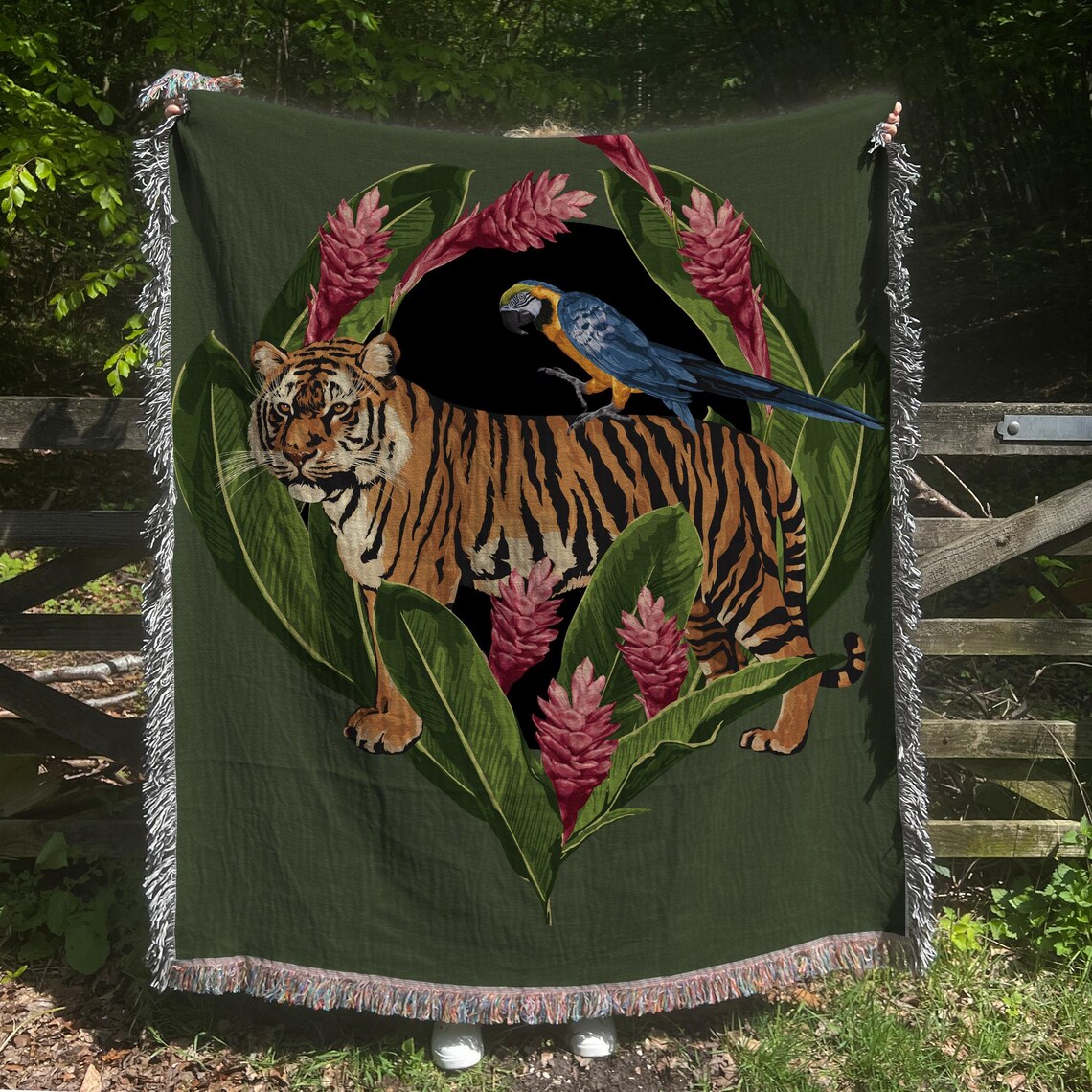 Tiger With Parrot Throw Blanket Floral Bed Design Woven Throw Jungle ...