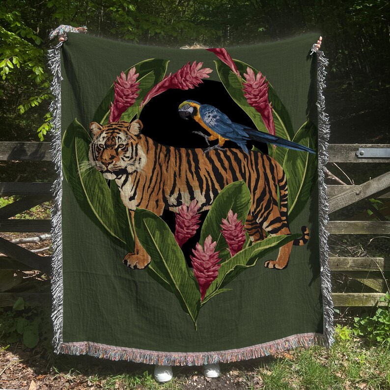 Tiger With Parrot Throw Blanket Floral Bed Design Woven Throw Jungle ...