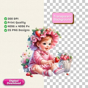 Strawberry Baby Girl Clipart, Watercolor Strawberry Clipart, Cute ...