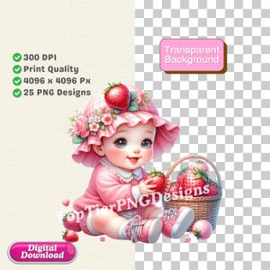 Strawberry Baby Girl Clipart, Watercolor Strawberry Clipart, Cute ...