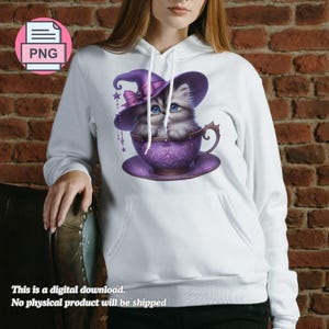 Magic Cat Art, Cute Witch Cat in Teacup, Purple Fantasy Cat Png ...