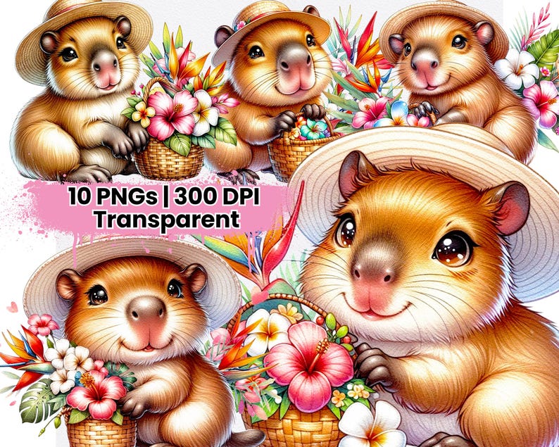 Watercolor Cute Tropical Flower Capybara Clipart Bundle | Summer ...