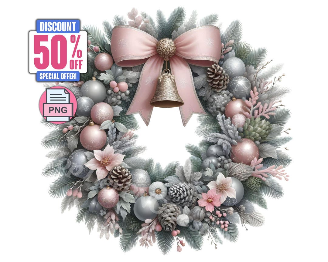 Pink Christmas Wreath PNG Clipart, Elegant Winter Decor Digital ...