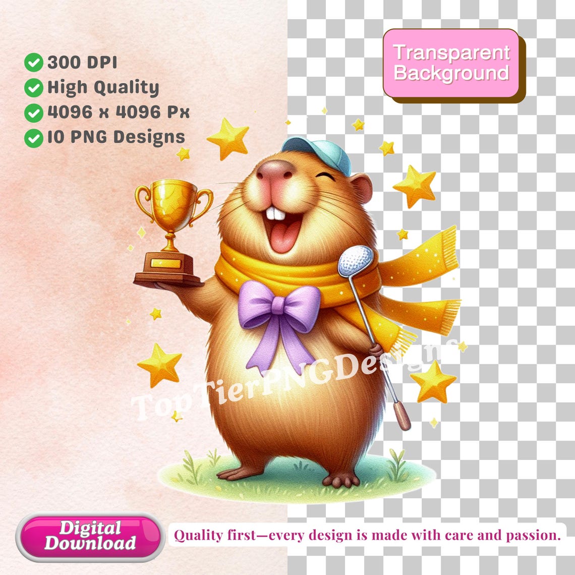 Watercolor Capybara Golf Clipart PNG: Sports Animal Art (digital ...