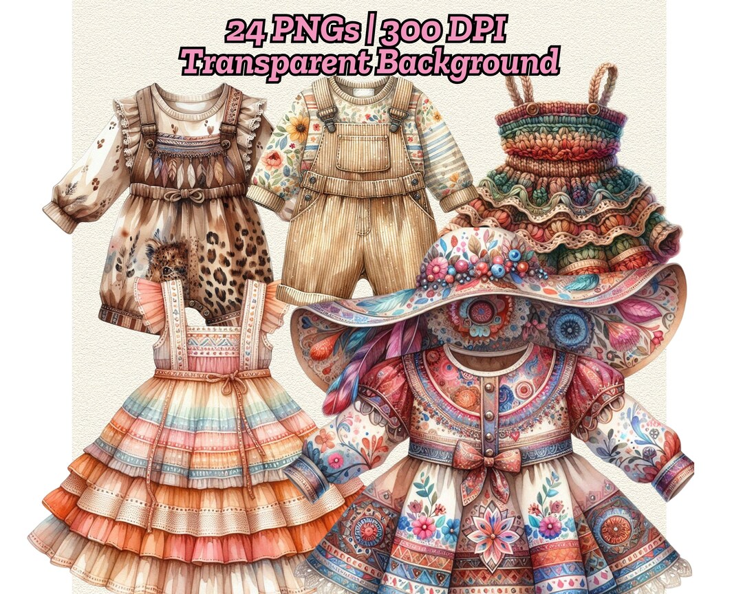 Watercolor Boho Baby Clothes Clipart: Neutral Nursery PNG (digital ...