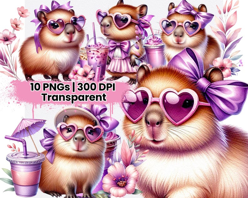 Watercolor Capybara Clipart Bundle, Pastel Animal PNG, Cute Capybara ...