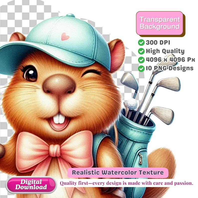 Watercolor Capybara Golf Clipart PNG: Sports Animal Art (digital ...