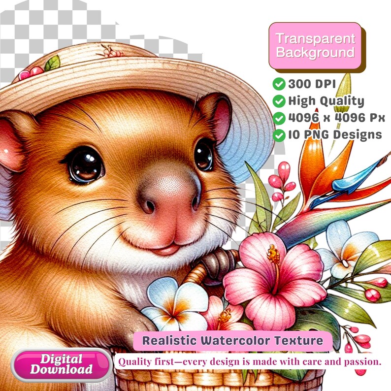 Watercolor Cute Tropical Flower Capybara Clipart Bundle | Summer ...