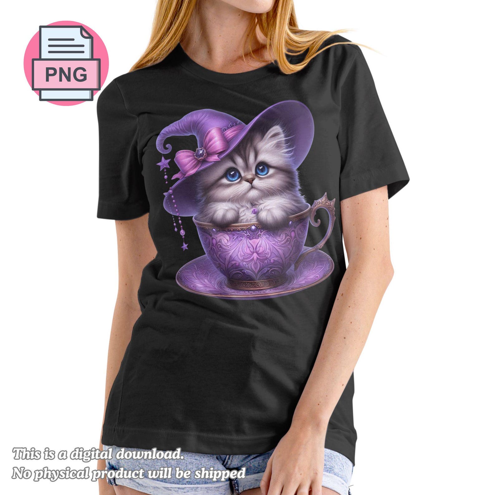 Magic Cat Art, Cute Witch Cat in Teacup, Purple Fantasy Cat Png ...