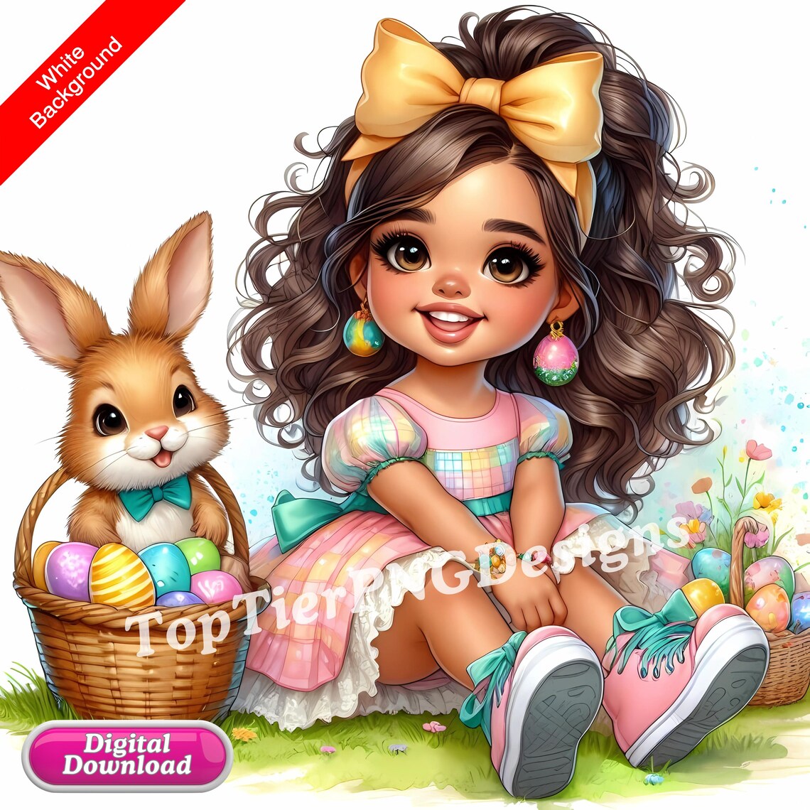 Cute Easter Little Girls Clipart, Black Girl Easter Clipart, Kawaii ...