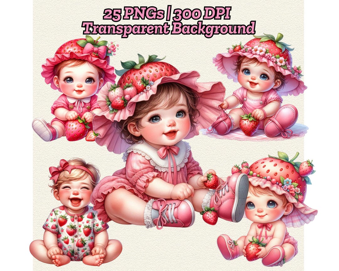 Strawberry Baby Girl Clipart, Watercolor Strawberry Clipart, Cute ...