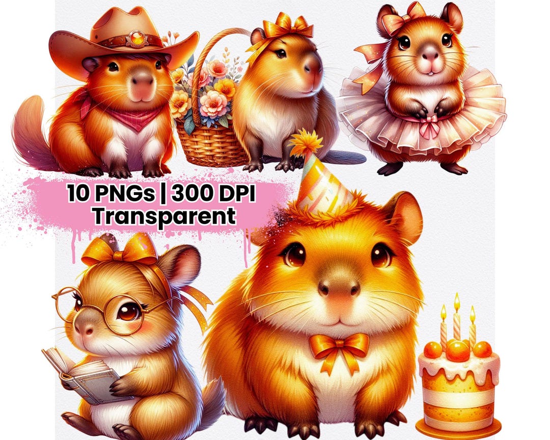 Cute Capybara Clipart Bundle, Watercolor Animal Art JPG, Digital ...