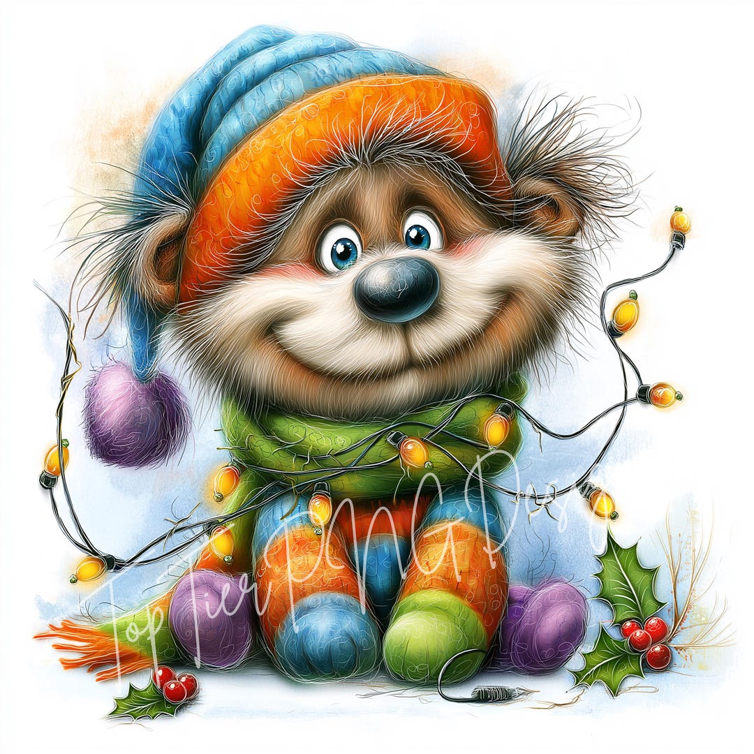 10 Cute Christmas Bears, Watercolor Clipart JPG, Tangled Lights ...