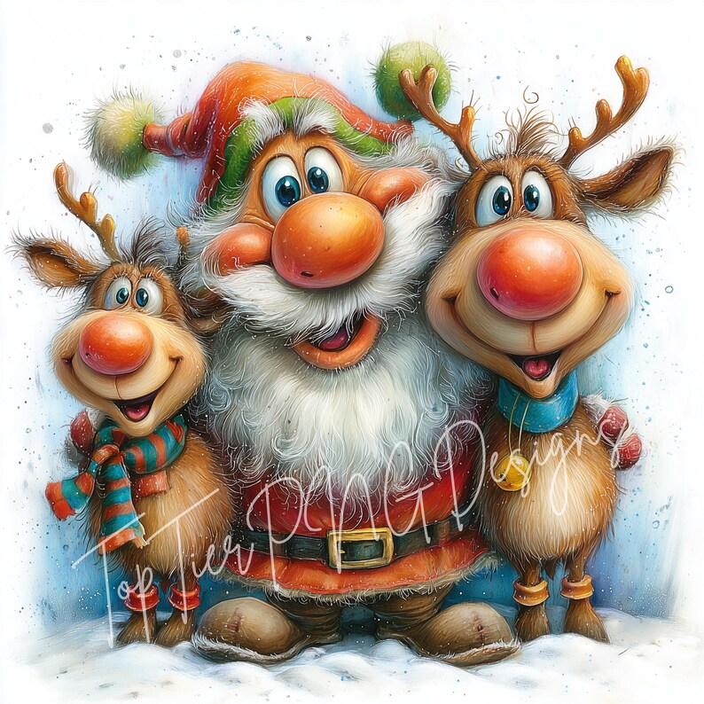 10 Christmas Bundle Clipart, Watercolor Santa and Reindeer, Whimsical ...