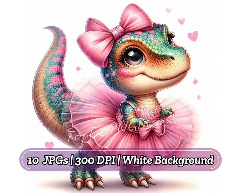 Watercolor Girly Dinosaurs Clipart, Cute Baby Dino Clip Art T-rex, Cute ...