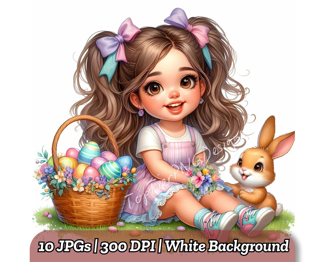 Cute Easter Little Girls Clipart, Black Girl Easter Clipart, Kawaii ...