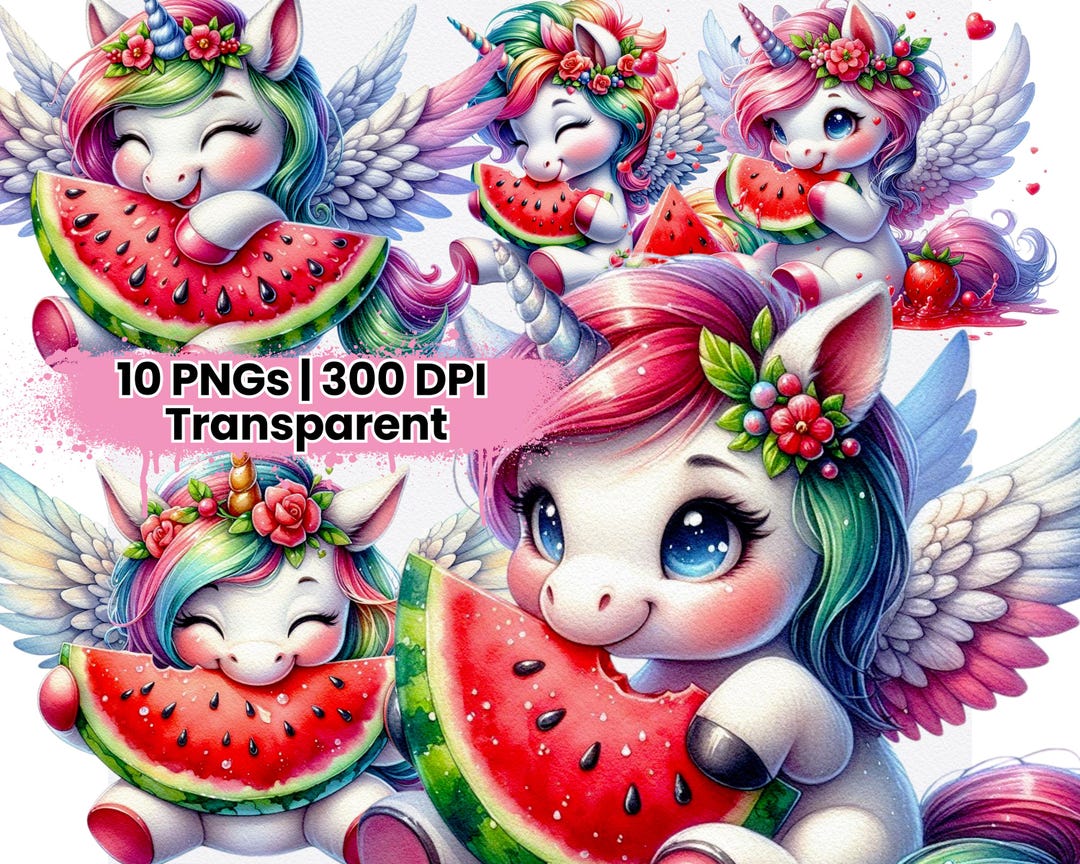 Watercolor Unicorn Watermelon Clipart: Kawaii Pegasus Summer PNG ...