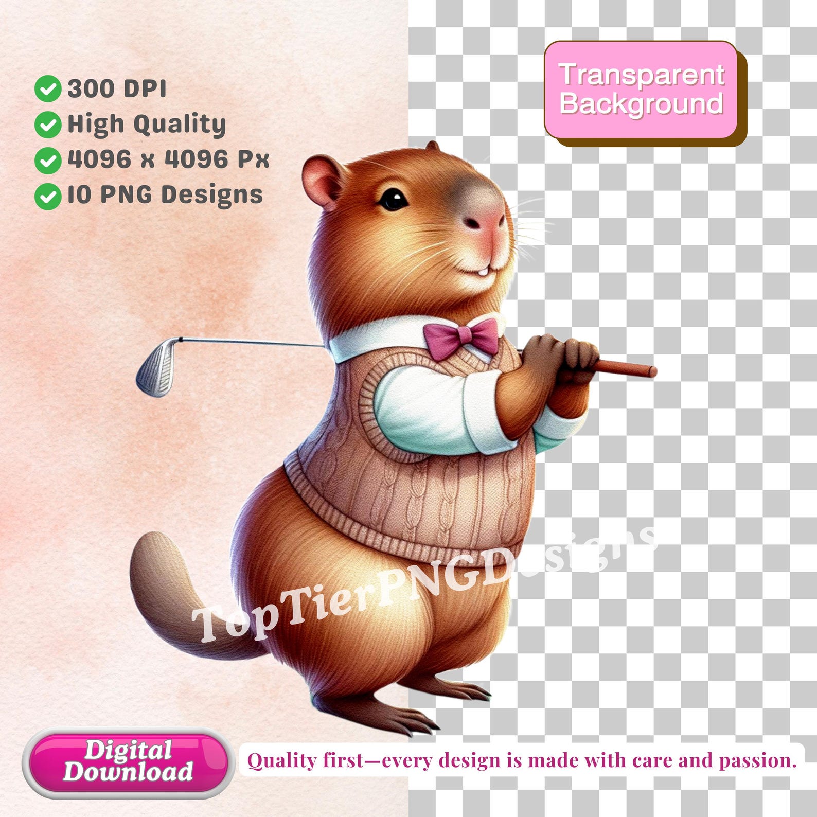 Watercolor Capybara Golf Clipart PNG: Sports Animal Art (digital ...