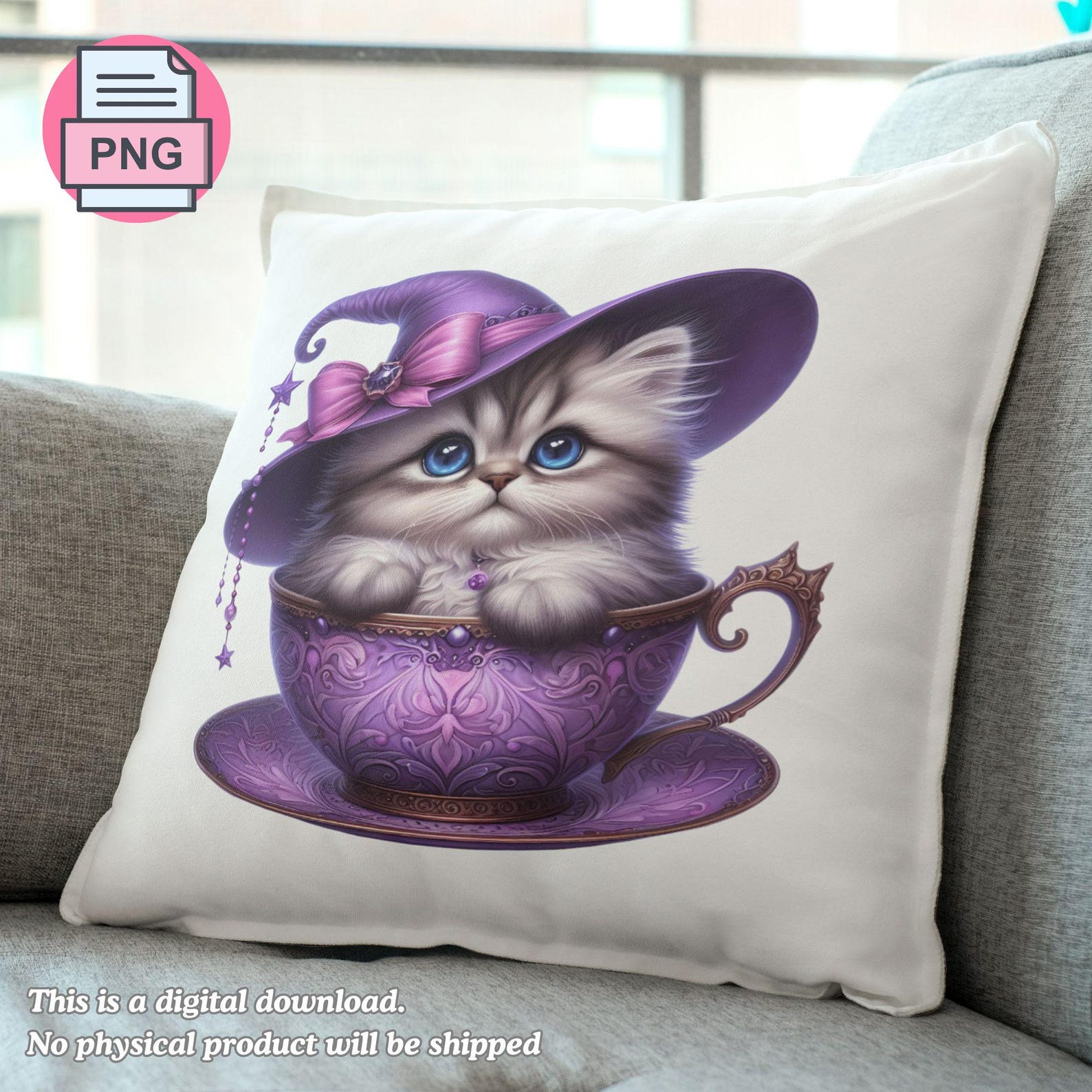 Magic Cat Art, Cute Witch Cat in Teacup, Purple Fantasy Cat Png ...