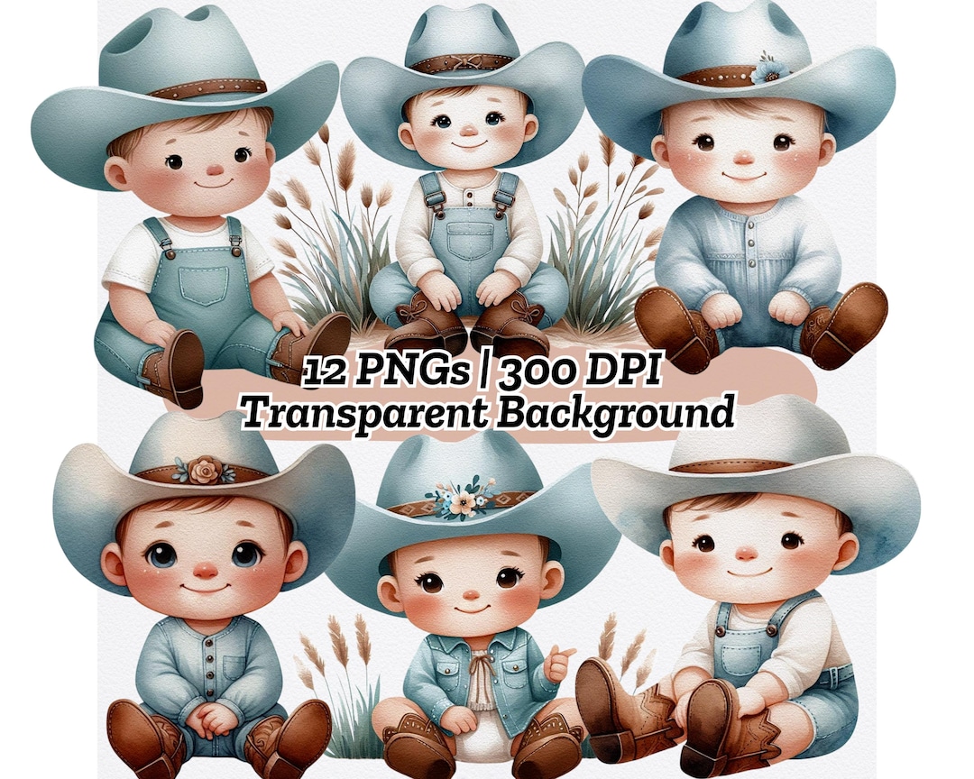 Watercolor Cowboy Baby Clipart Bundle: Western Scrapbook Stickers (PNG ...
