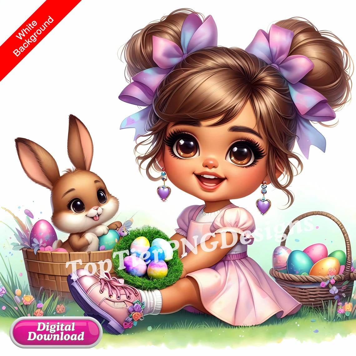 Cute Easter Little Girls Clipart, Black Girl Easter Clipart, Kawaii ...