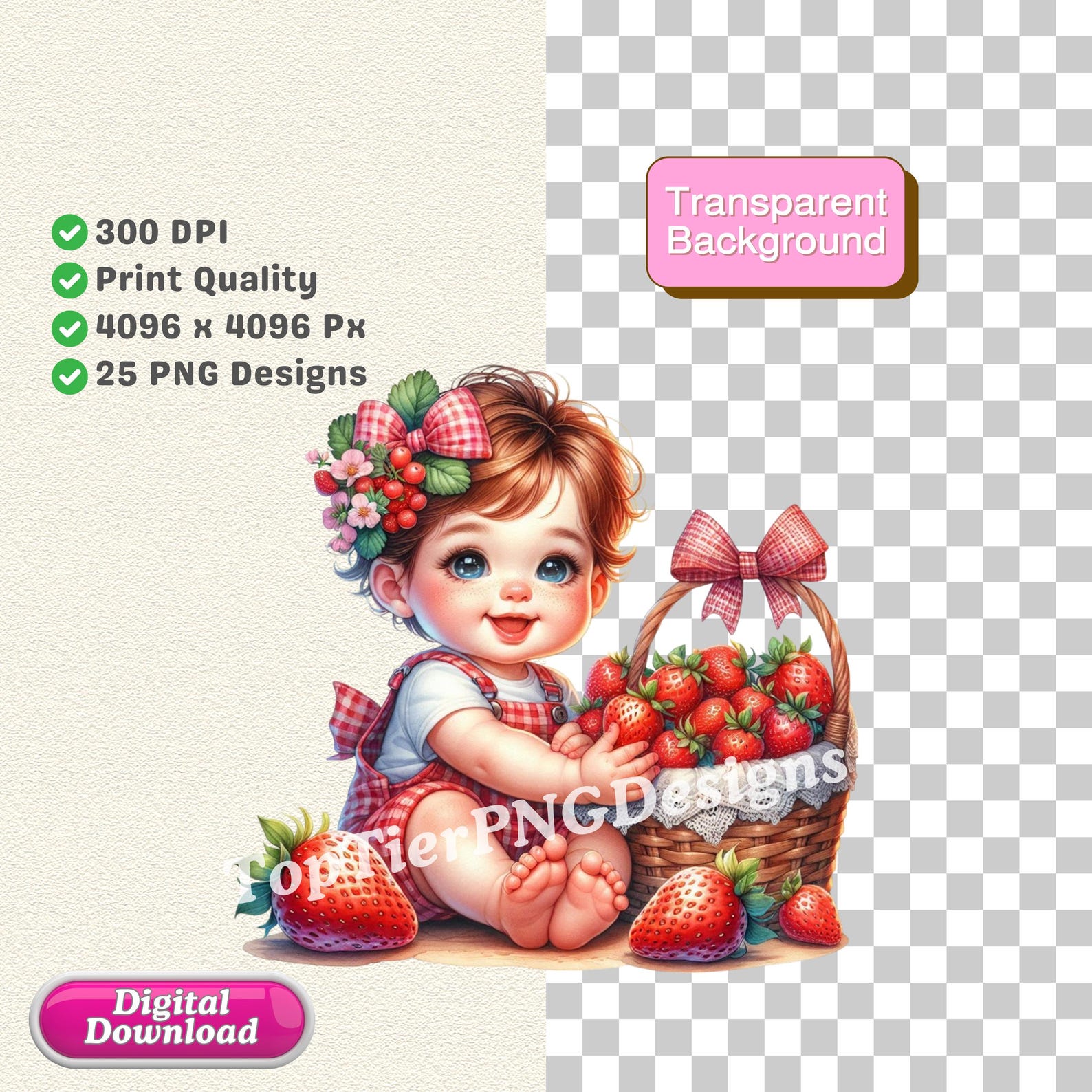 Strawberry Baby Girl Clipart, Watercolor Strawberry Clipart, Cute ...