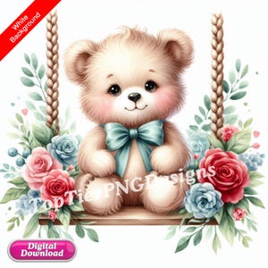 Watercolor Baby Bear on a Swing Clipart, Digital Watercolor Bear ...
