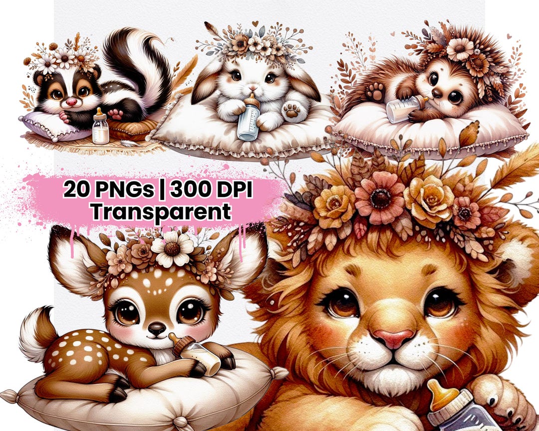 Watercolor Baby Animal Nursery PNG Clipart Bundle, Cute Baby Shower Art ...