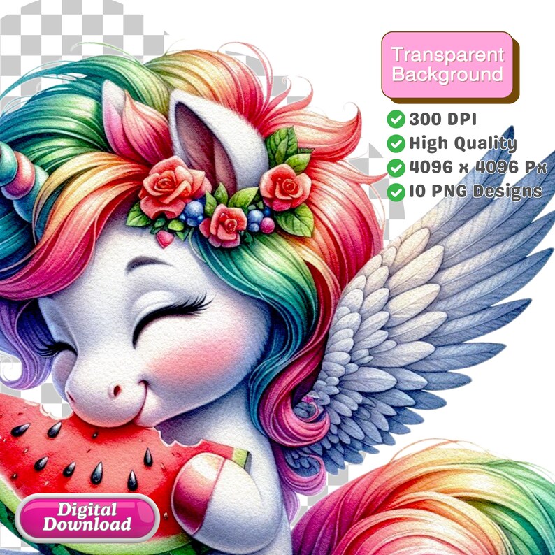 Watercolor Unicorn Watermelon Clipart: Kawaii Pegasus Summer PNG ...