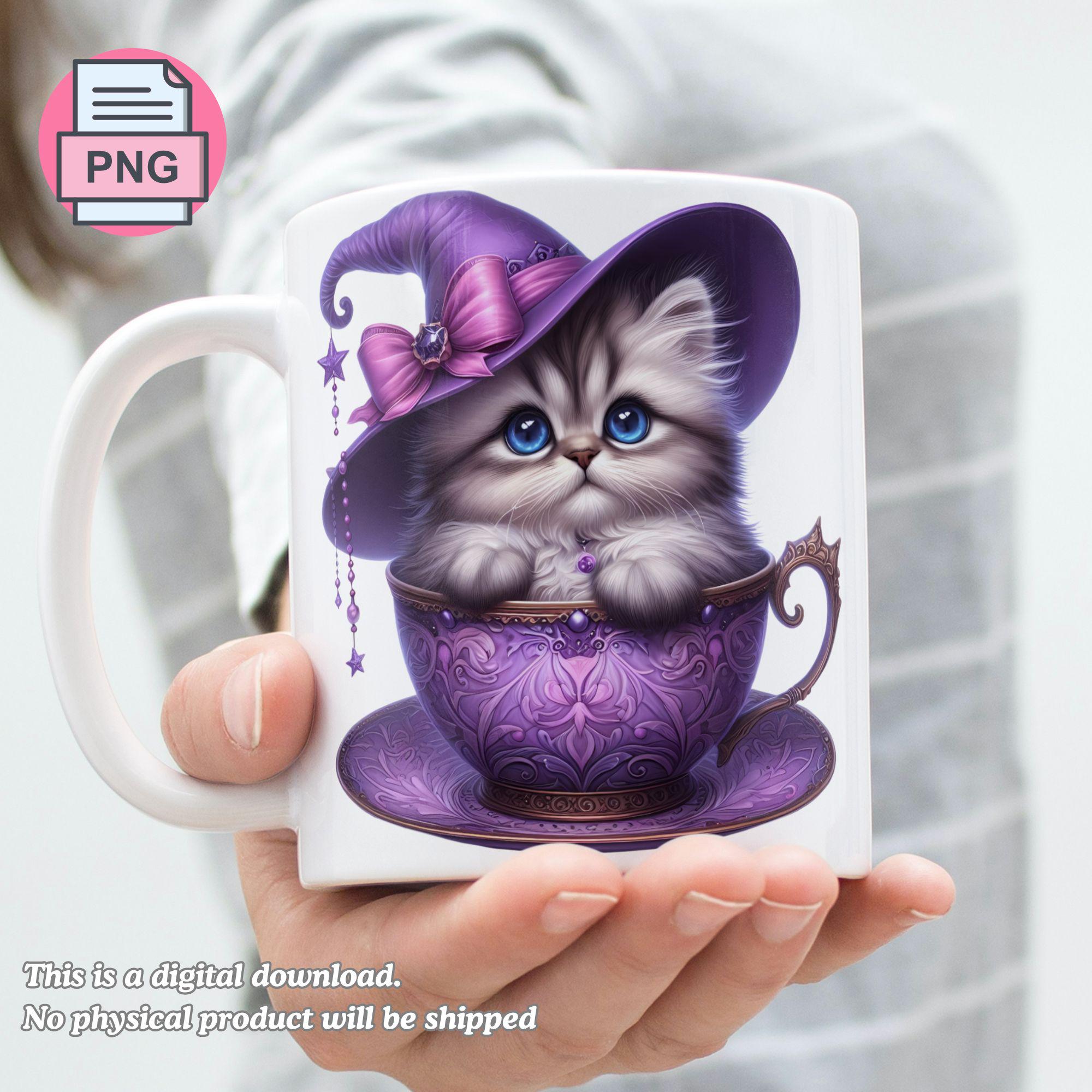 Magic Cat Art, Cute Witch Cat in Teacup, Purple Fantasy Cat Png ...