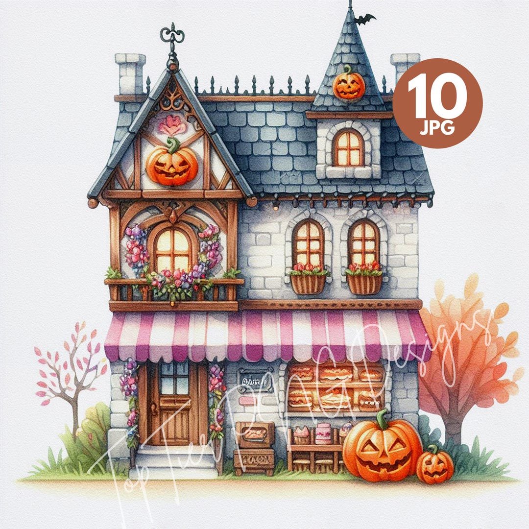 Halloween Bakery Clipart, Spooky Sweet Shop PNG, Pumpkin Cottage ...