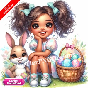 Cute Easter Little Girls Clipart, Black Girl Easter Clipart, Kawaii ...