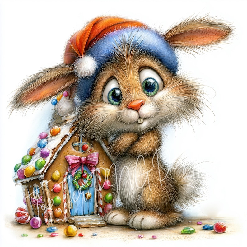 10 Christmas Bunny Clipart JPG, Watercolor Digital Art, Gingerbread ...