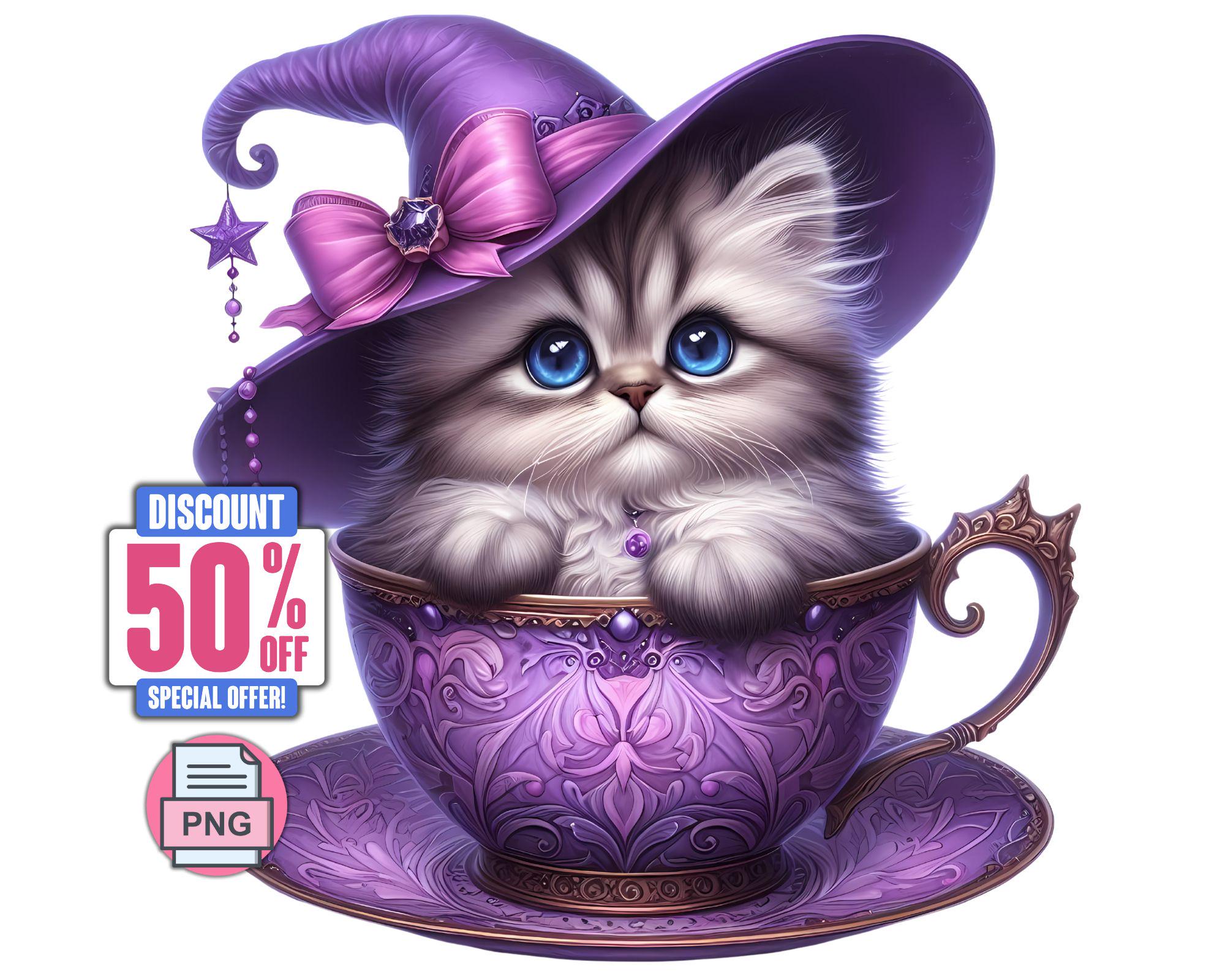 Magic Cat Art, Cute Witch Cat in Teacup, Purple Fantasy Cat Png ...
