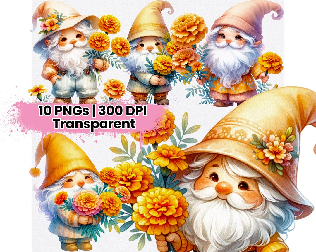 Watercolor Spring Gnomes Clipart, Marigold Gnome PNG, Floral Gnome ...