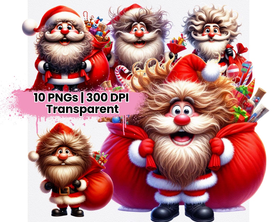 10 Cartoon Santa Clipart PNG, Funny Christmas Design Bundle, Cute Santa ...