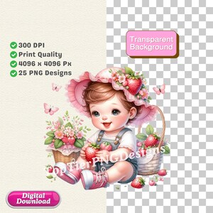 Strawberry Baby Girl Clipart, Watercolor Strawberry Clipart, Cute ...