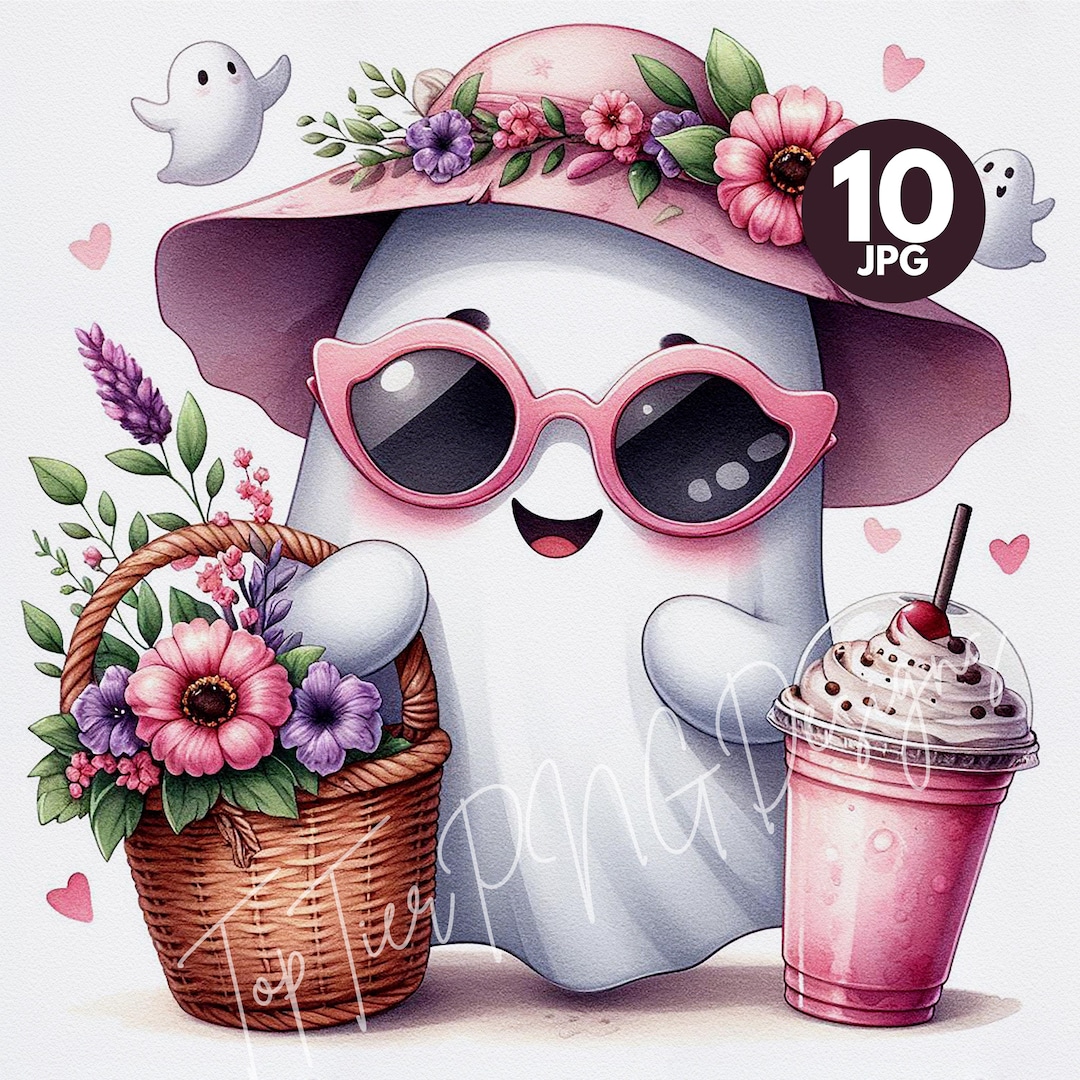 Cute Ghost Clipart, Summer Ghost PNG, Floral Hat Digital Art, Pastel ...