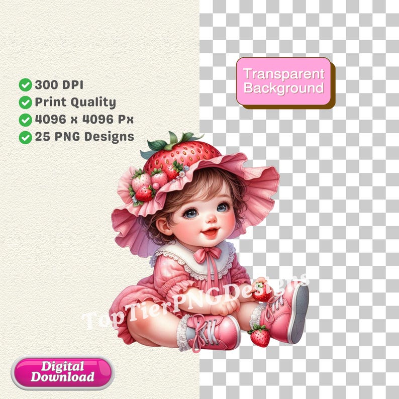Strawberry Baby Girl Clipart, Watercolor Strawberry Clipart, Cute ...