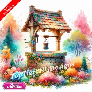 Watercolor Wishing Well Clipart, Spring Garden Art, Watercolor Clipart ...