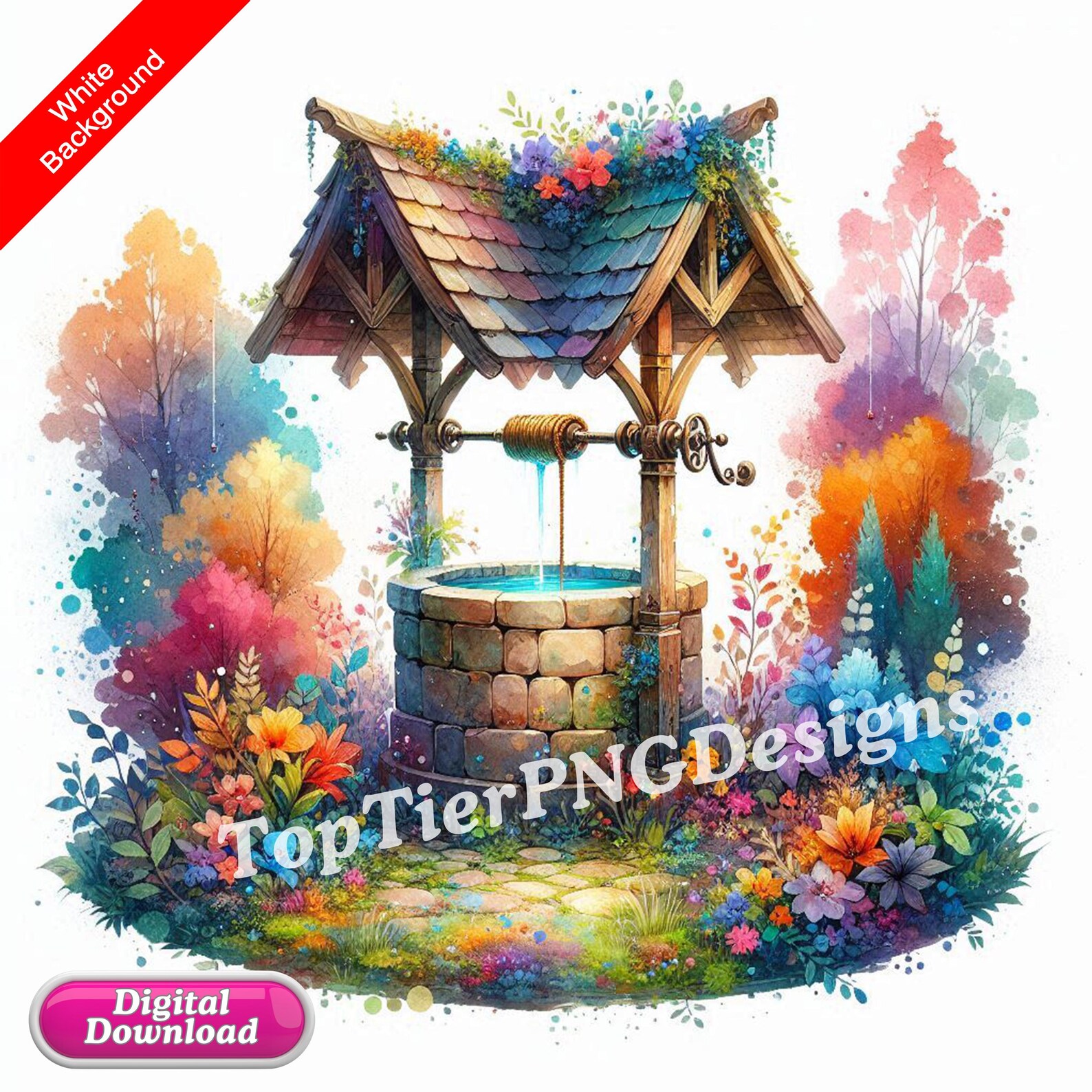 Watercolor Wishing Well Clipart, Spring Garden Art, Digital Download ...