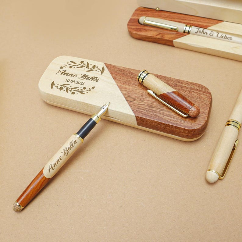 Personalized Engraved Wooden Fountain Pen and Ballpoint Pen Set ...