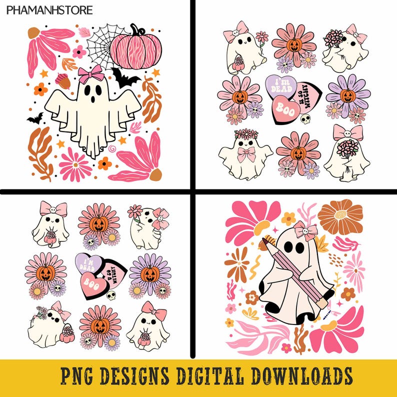 Cute Flower Ghosts Bundle PNG, Cricut Silhouette Designs Spooky Girly ...