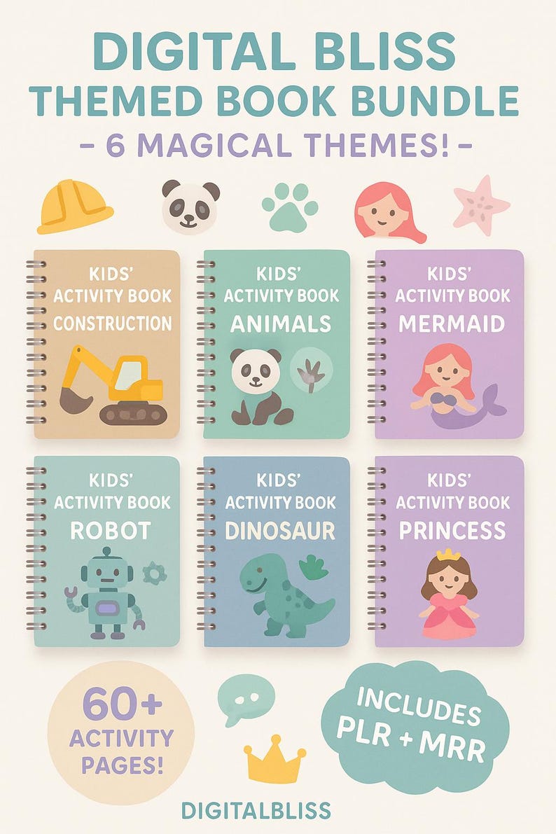 Kids Activity Book Bundle: 6 Themes, 60+ Pages (editable, PLR/MRR ...
