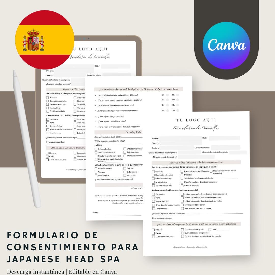 Japanese Head Spa Consent Form (editable Canva Template, Spanish PDF ...