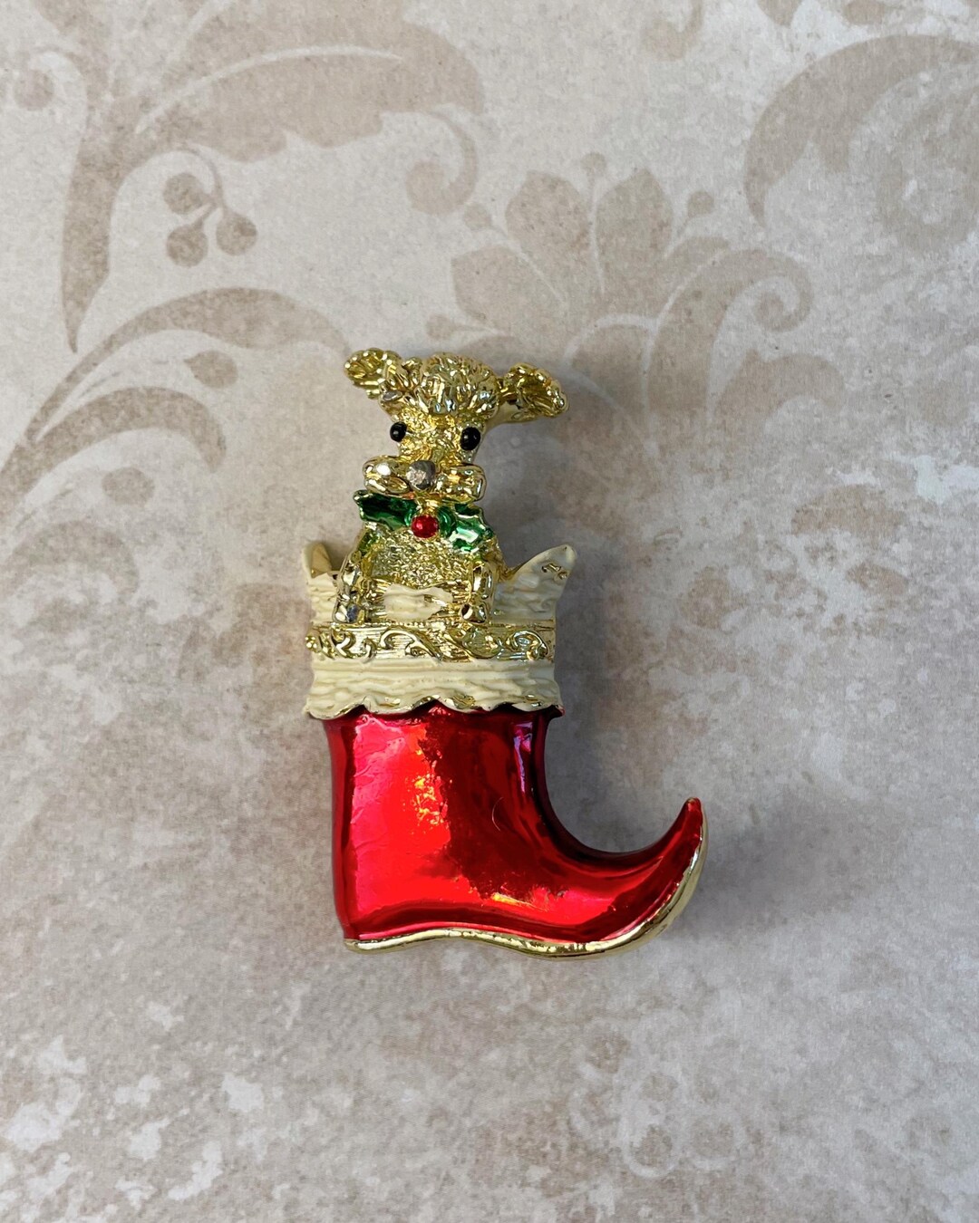Mid-century Gerry’s Gold Tone Puppy Dog Christmas Stocking Holiday Pin ...